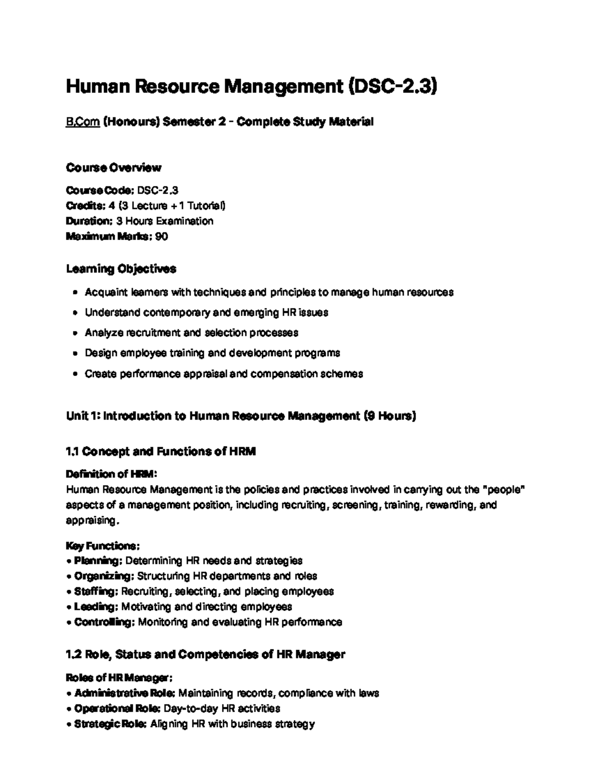 HRM-DSC-2: Comprehensive Study Material for B.Com (Hons) Semester 2 ...