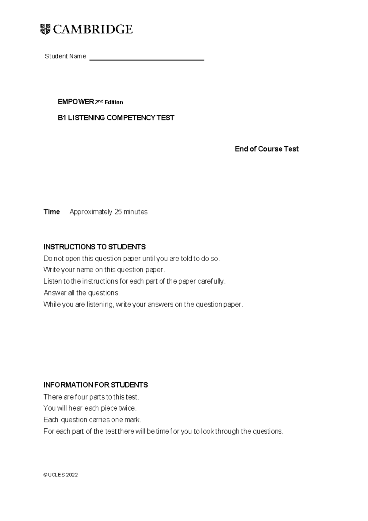 B1 End of Course Listening Competency Test - Empower 2nd Edition - Studocu