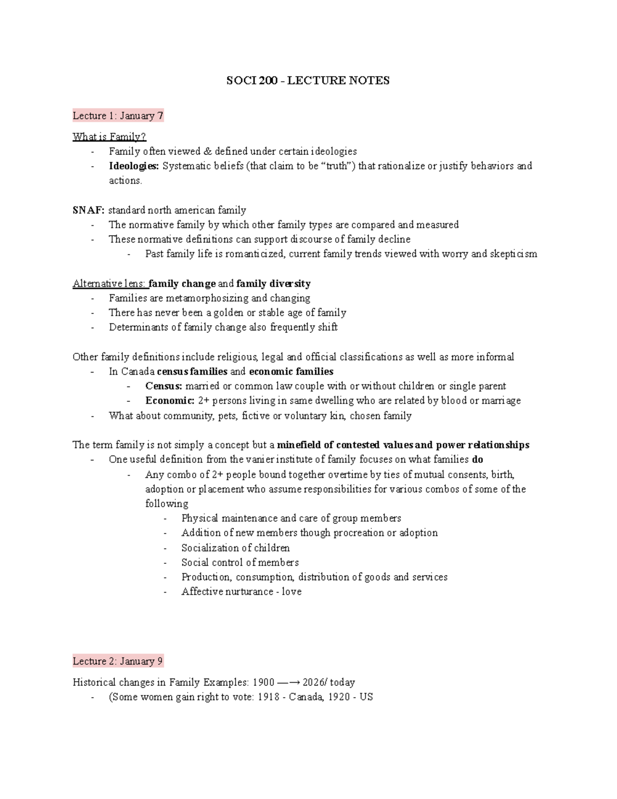 SOCI 200 LECTURE NOTES: Family Dynamics & Historical Changes - Studocu