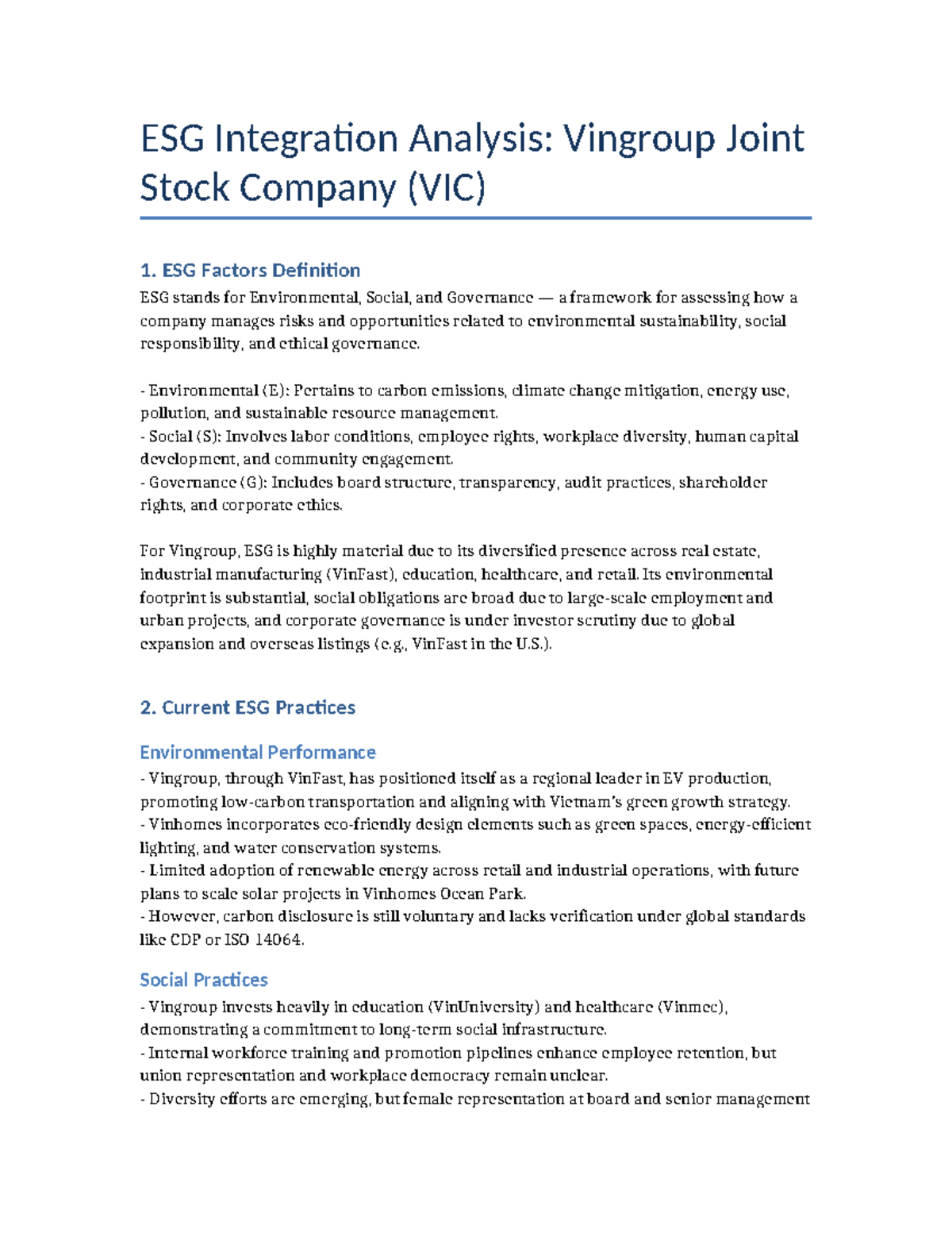 VIC ESG Integration Analysis: Vingroup's Practices & Recommendations - Studocu