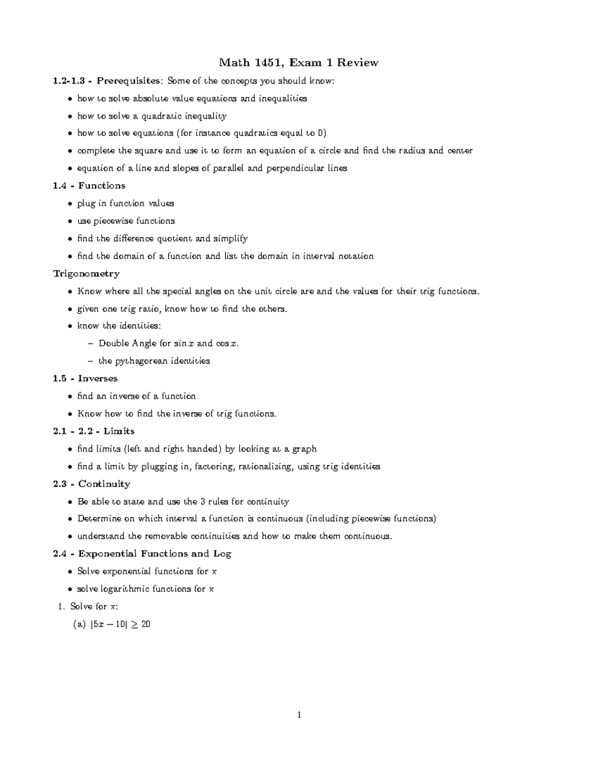 Math 1451, Final Exam Review: Key Concepts & Practice Problems - Studocu