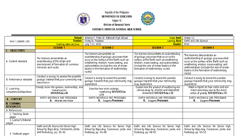 Grade 11 Earth and Life Science Daily Lesson Log: Week 4 Activities ...