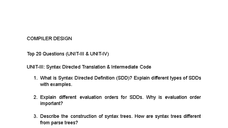 COMPILER DESIGN: Top 20 Questions (UNIT-III & UNIT-IV) on SDD ...