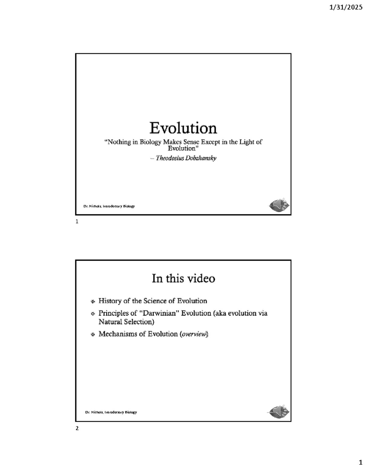 Introductory Biology 1 (BIO101) Lecture 3: Evolution Overview - Studocu
