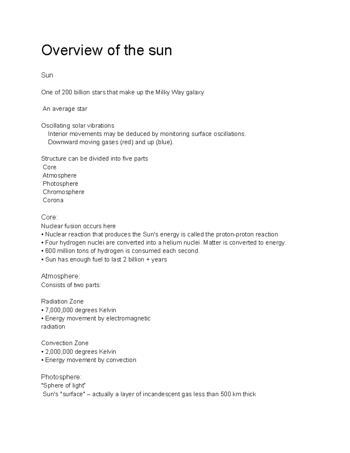 Overview of the Sun: Key Features and Structure Insights - Studocu