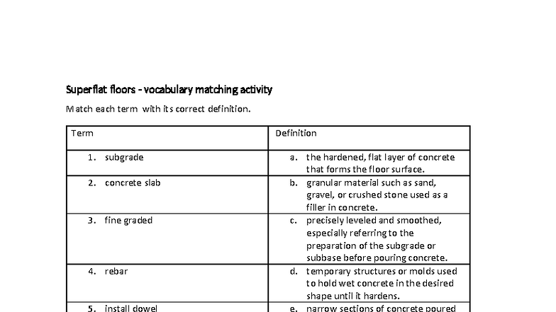 Superflat Floors Vocabulary Matching Activity - Studocu