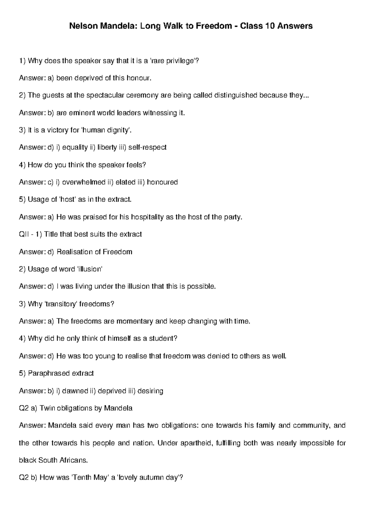 Class 10 Essay Notes: Nelson Mandela's Long Walk to Freedom - Studocu
