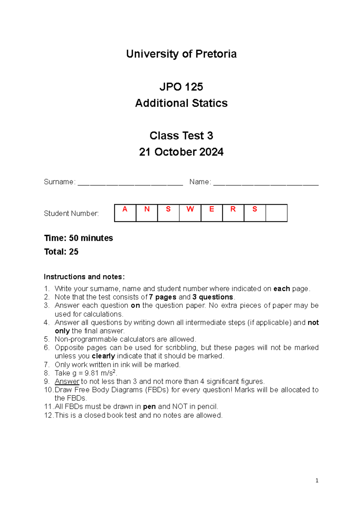 JPO 125 Additional Statics Class Test 3 Answers - 21 Oct 2024 - Studocu