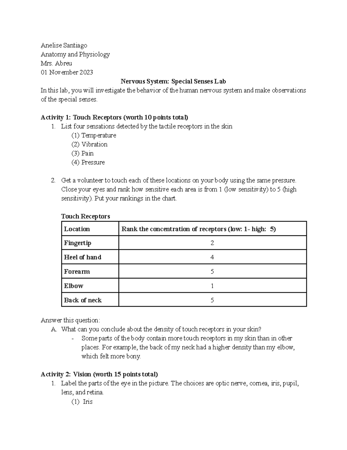 Nervous System & Special Senses Lab Notes - Anatomy & Physiology - Studocu