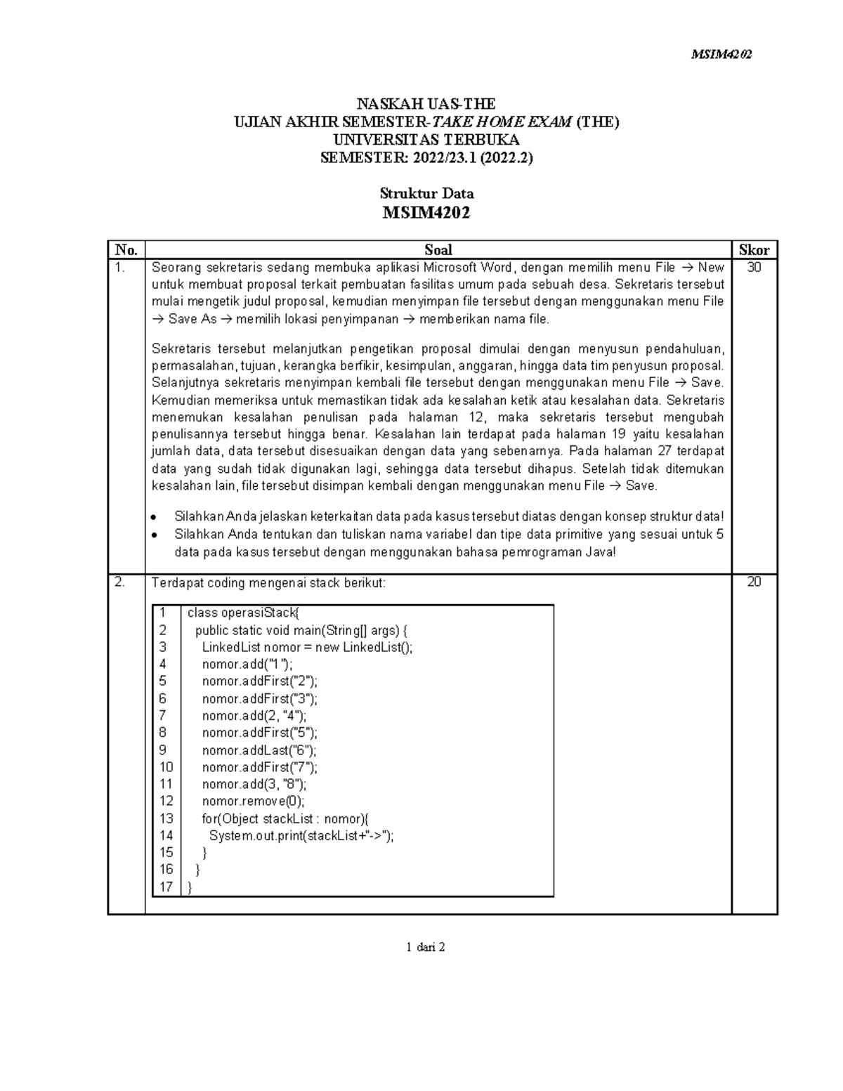 UAS MSIM4202: Struktur Data dan Algoritma Pemrograman - Studocu