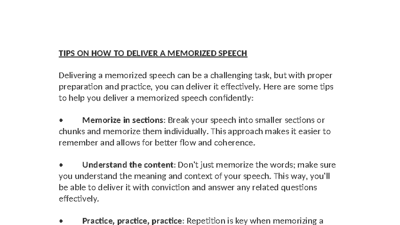 TIPS FOR DELIVERING A MEMORIZED SPEECH EFFECTIVELY - Studocu