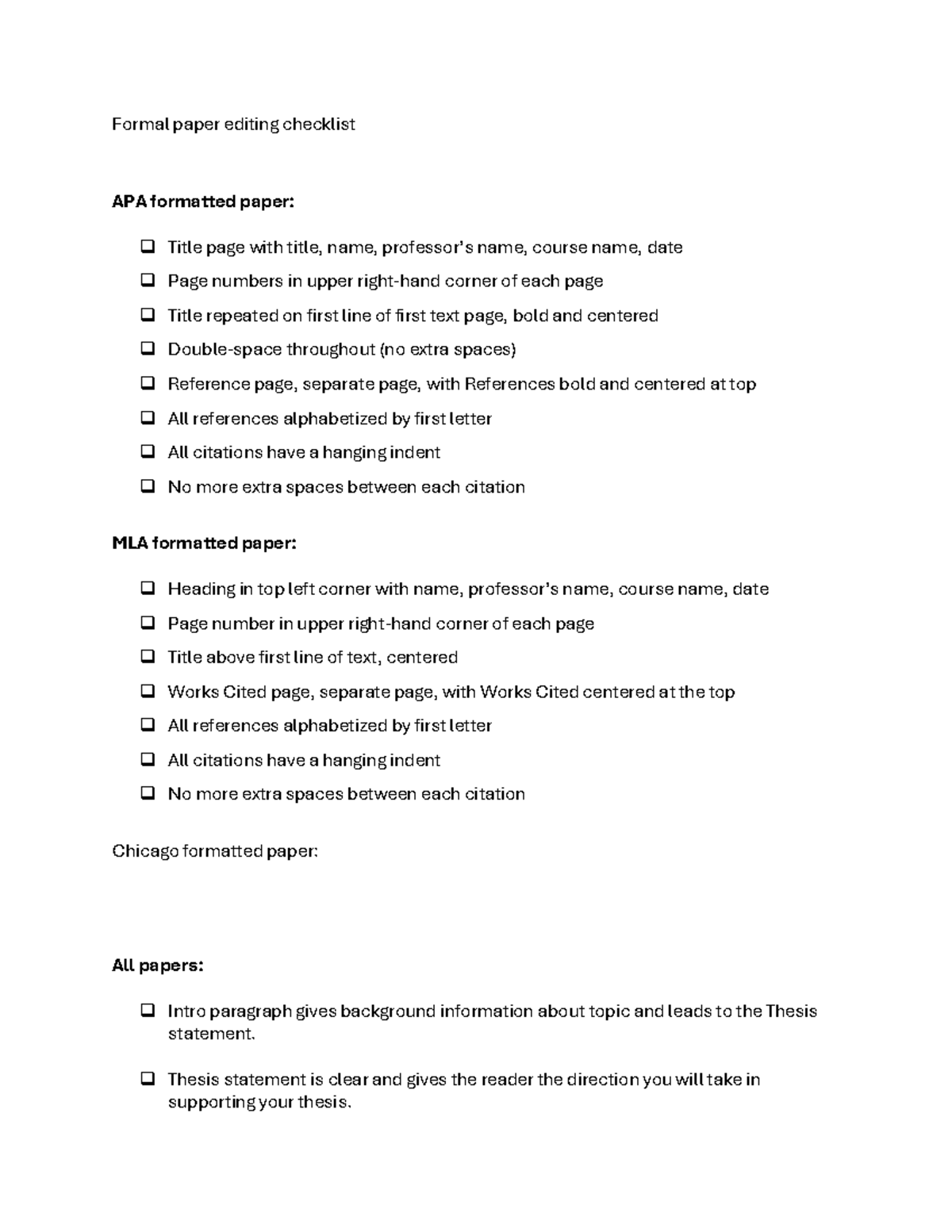 Formal Paper Editing Checklist: APA, MLA, & Chicago Formats - Studocu