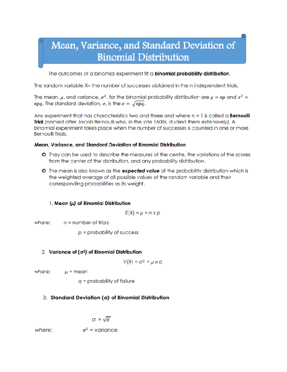 Lesson 7 - Mean, Variance, and Std. Deviation of Binomial Dist. - Studocu