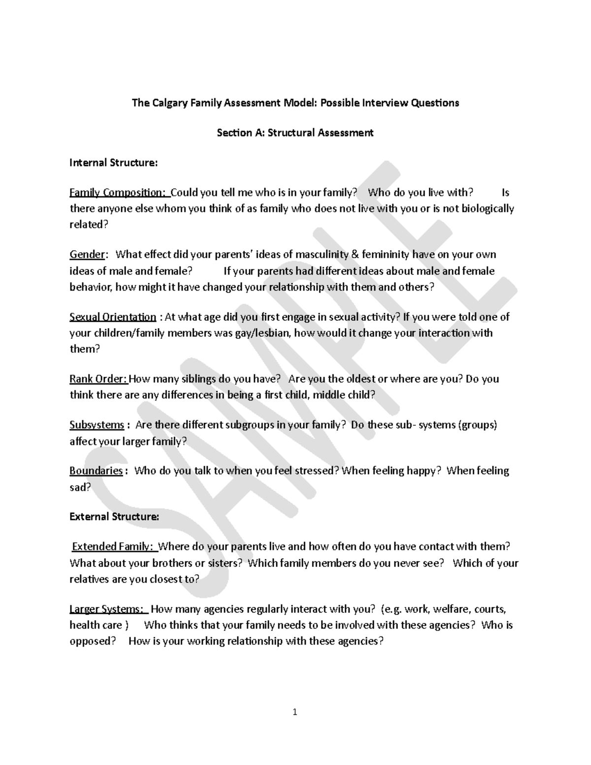 NSG3111 - Calgary Family Assessment Model: Sample Interview Questions ...