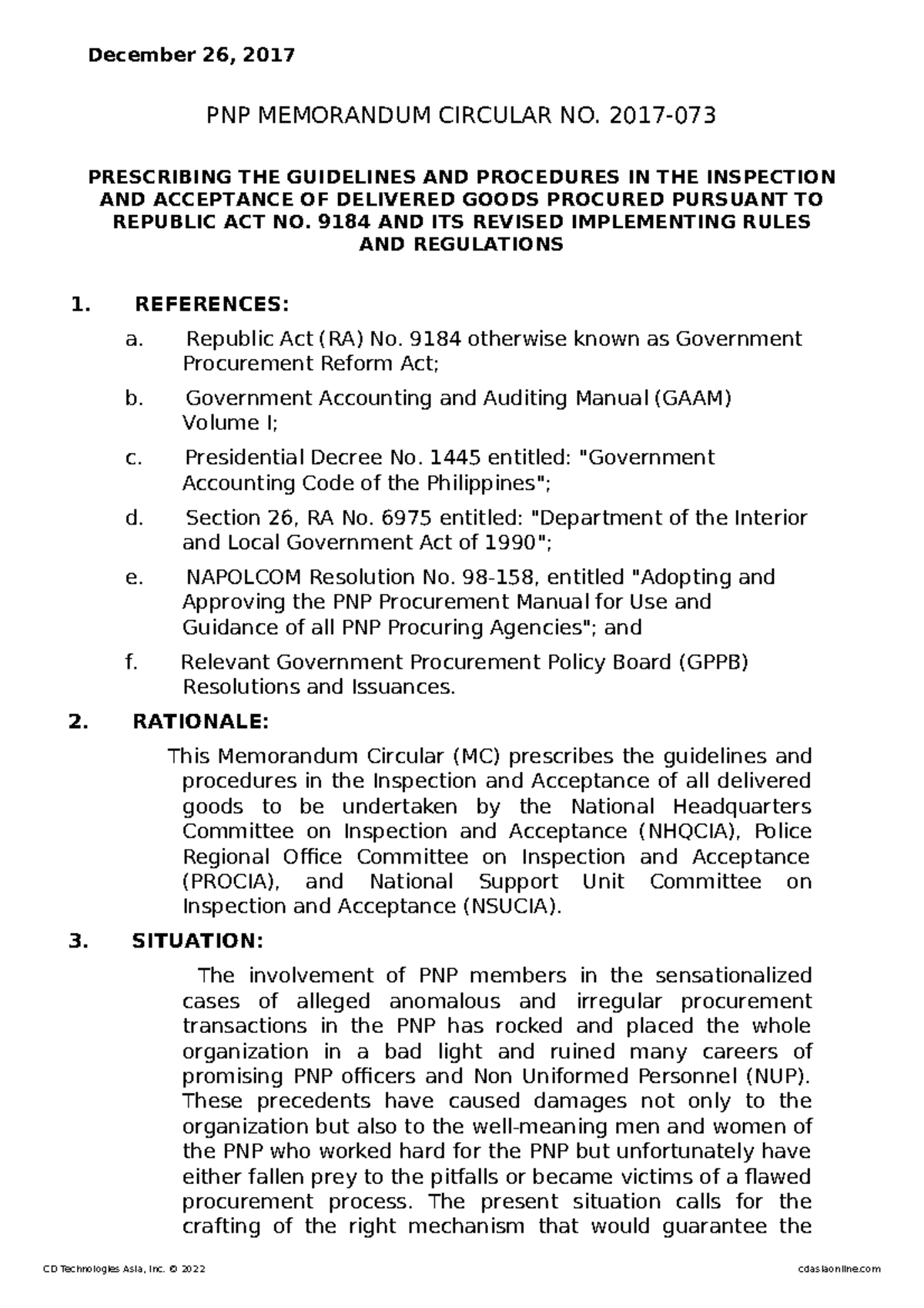 PNP MC 2017-073: Guidelines for Inspection & Acceptance of Procured ...