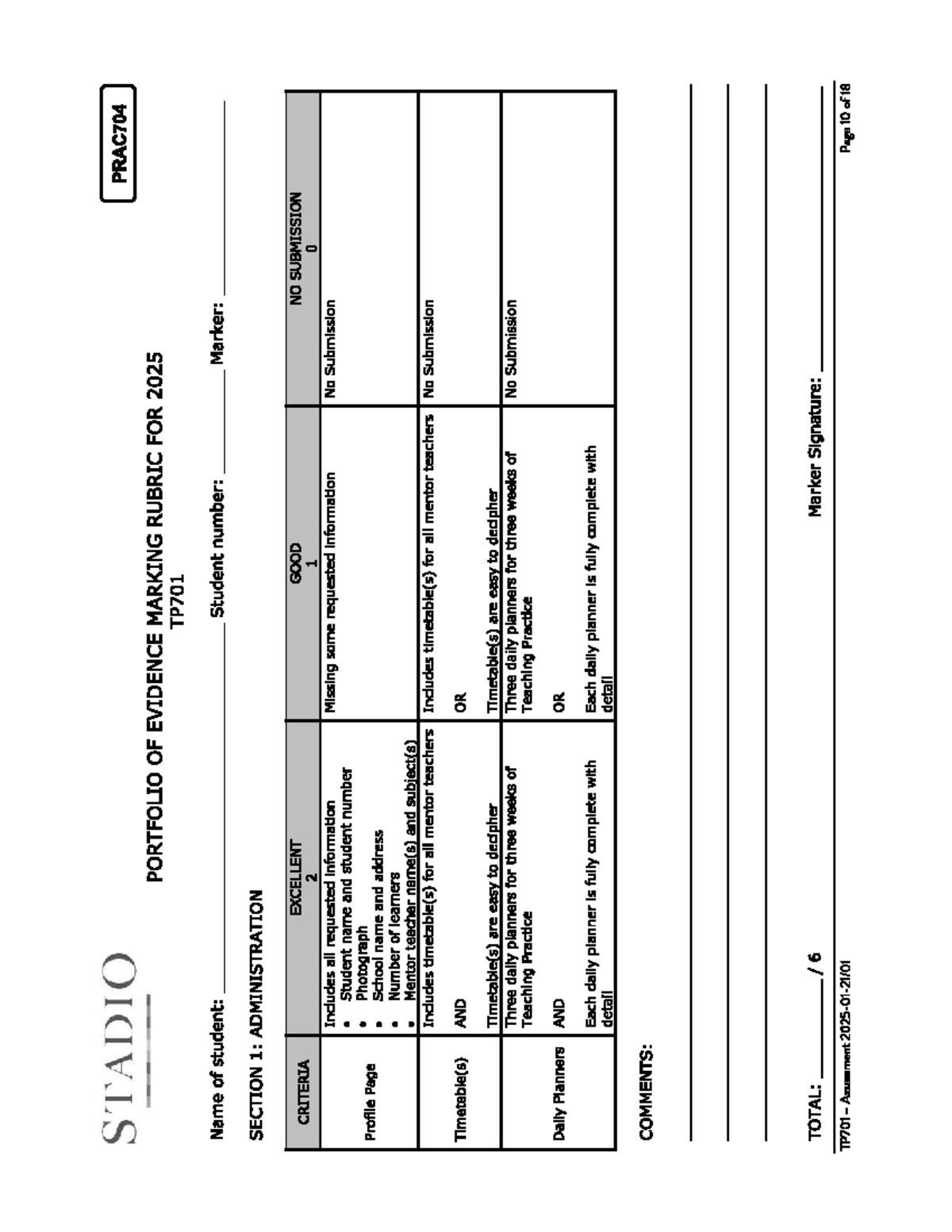 STADIO TP701 PORTFOLIO OF EVIDENCE MARKING RUBRIC FOR 2025 - Studocu