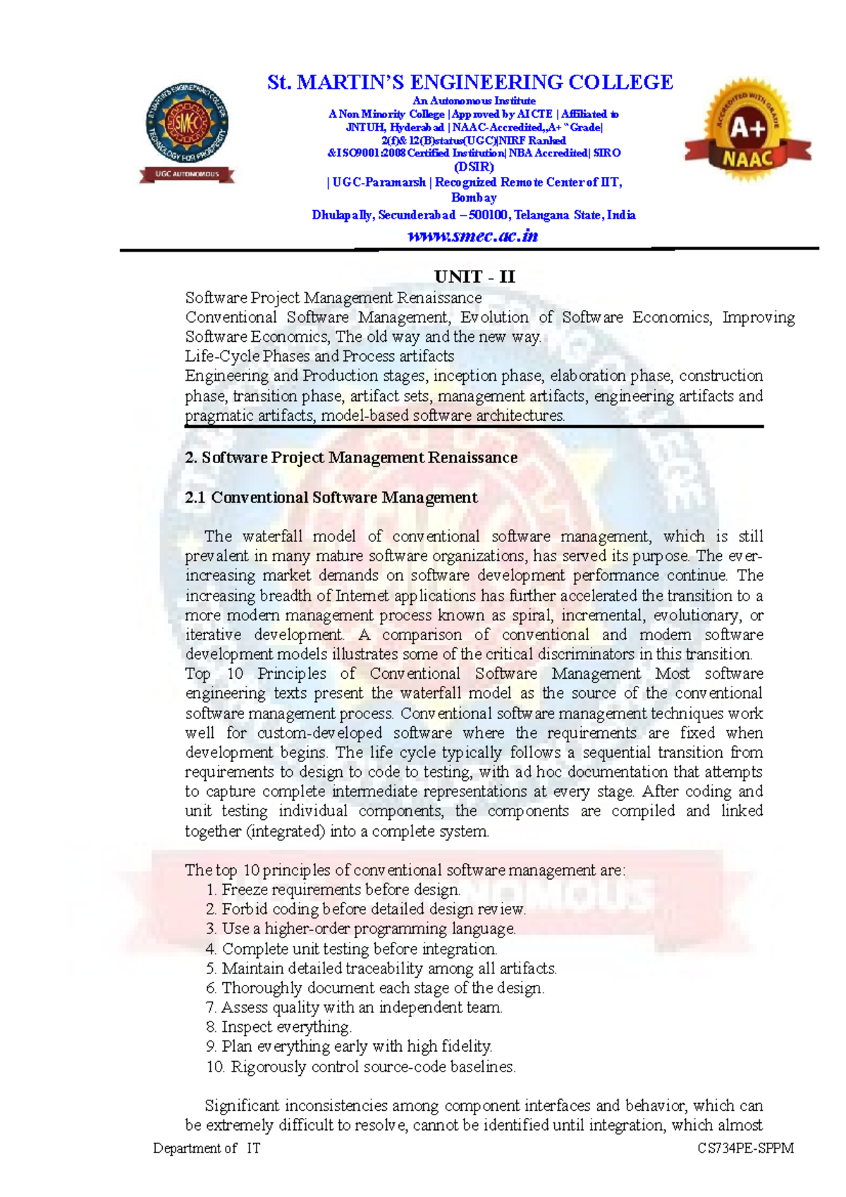 Sppm notes unit - Jntuh - St. MARTIN’S ENGINEERING COLLEGE An ...