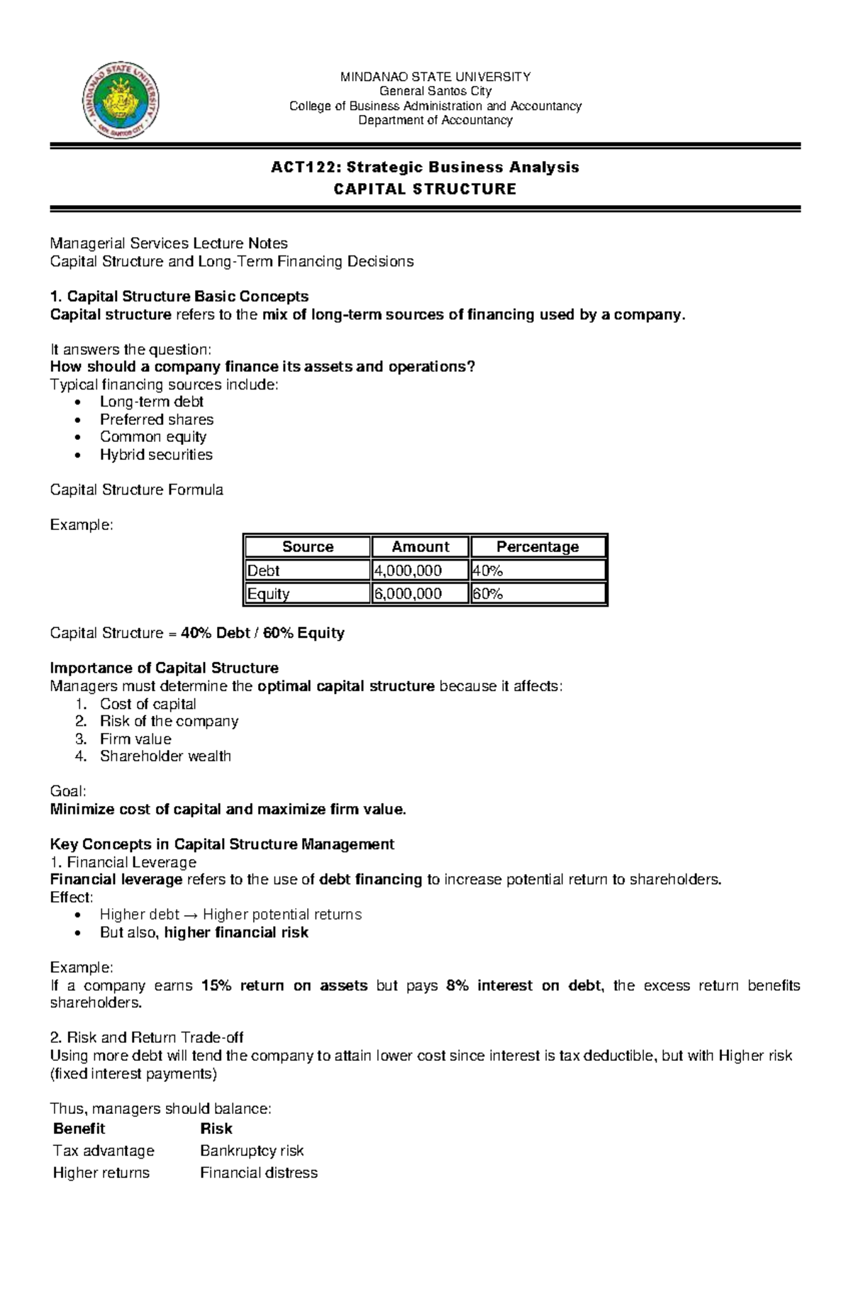ACT122: Strategic Business Analysis - Capital Structure Lecture Notes ...