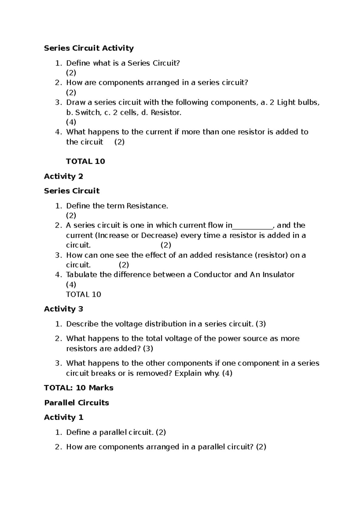 Grade 8 Series & Parallel Circuits Activity Guide - Studocu