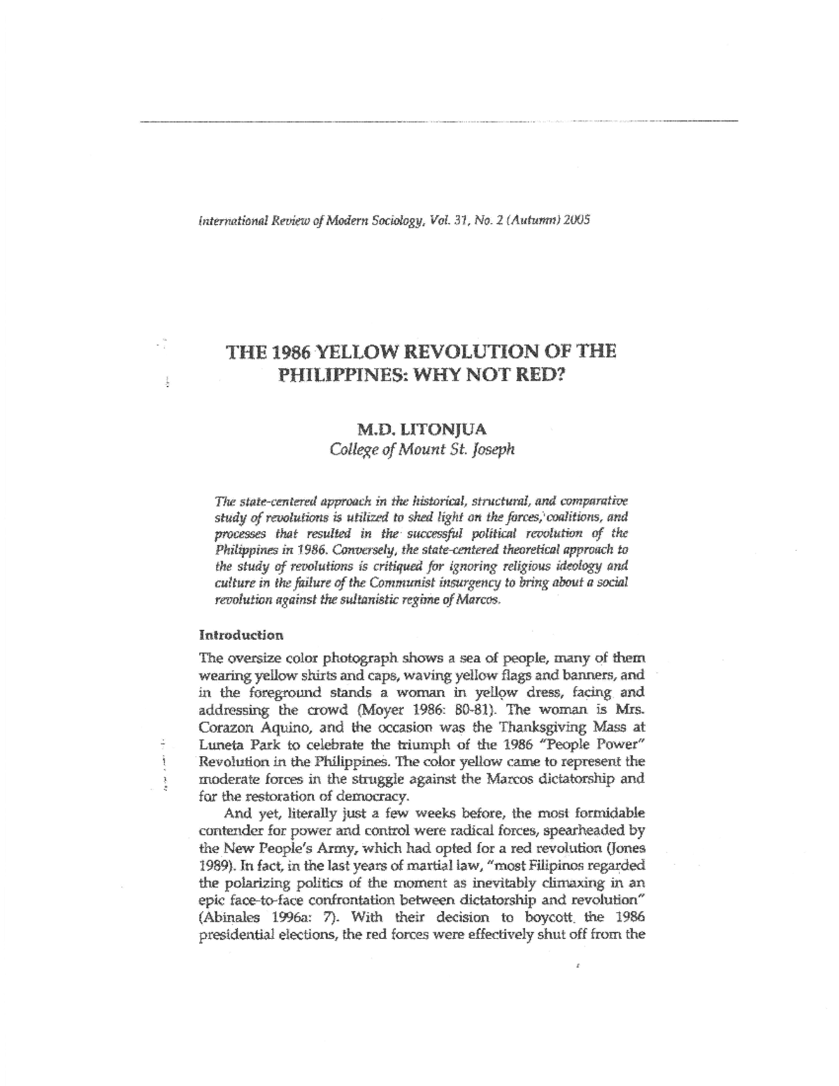 THE 1986 Yellow Revolution OF THE Philip - I I Internntiotul Rai*p af ...