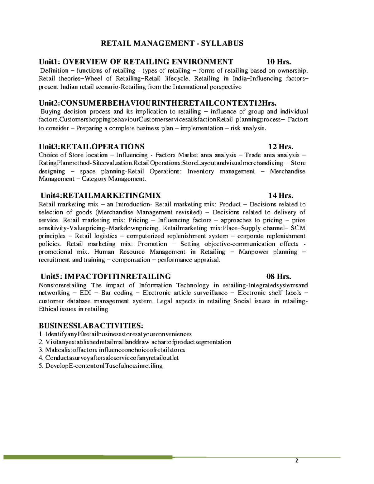 Retail Management Syllabus: Key Concepts and Theories - Studocu