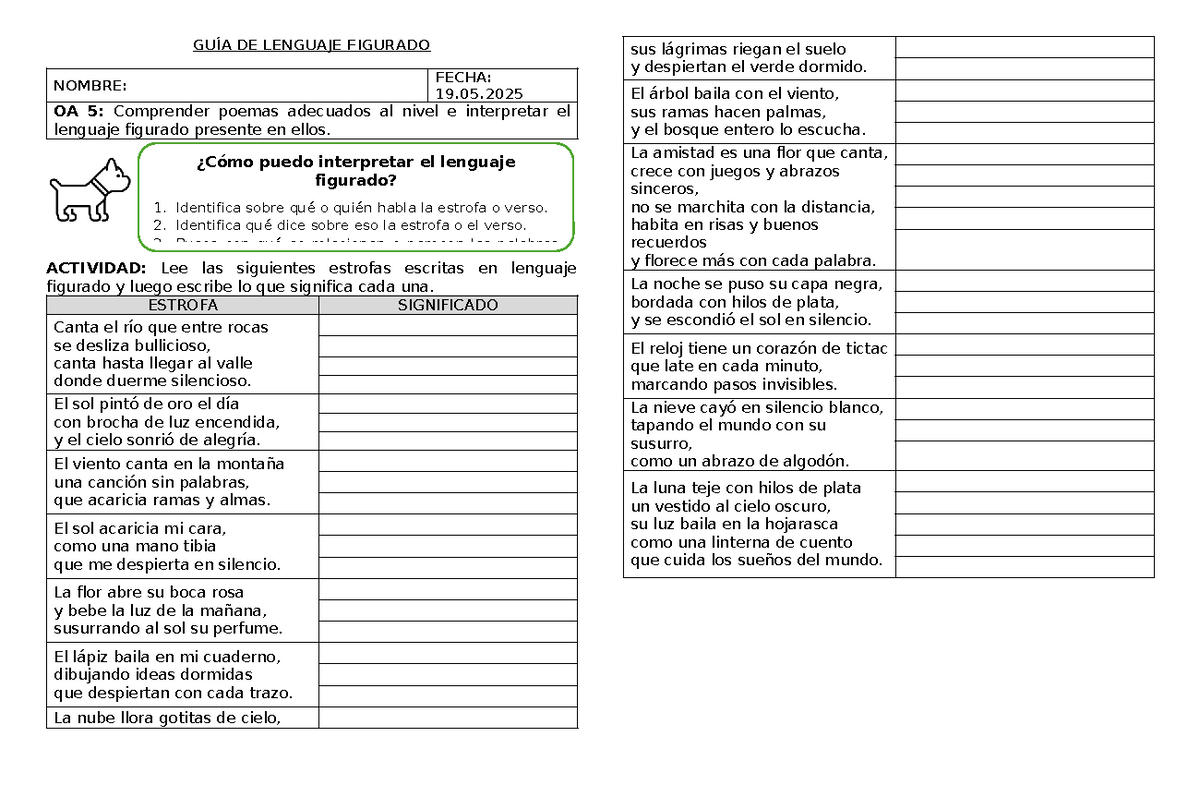 GUÍA DE LENGUAJE FIGURADO OA 5: Interpretación de Poemas y Estrofas ...