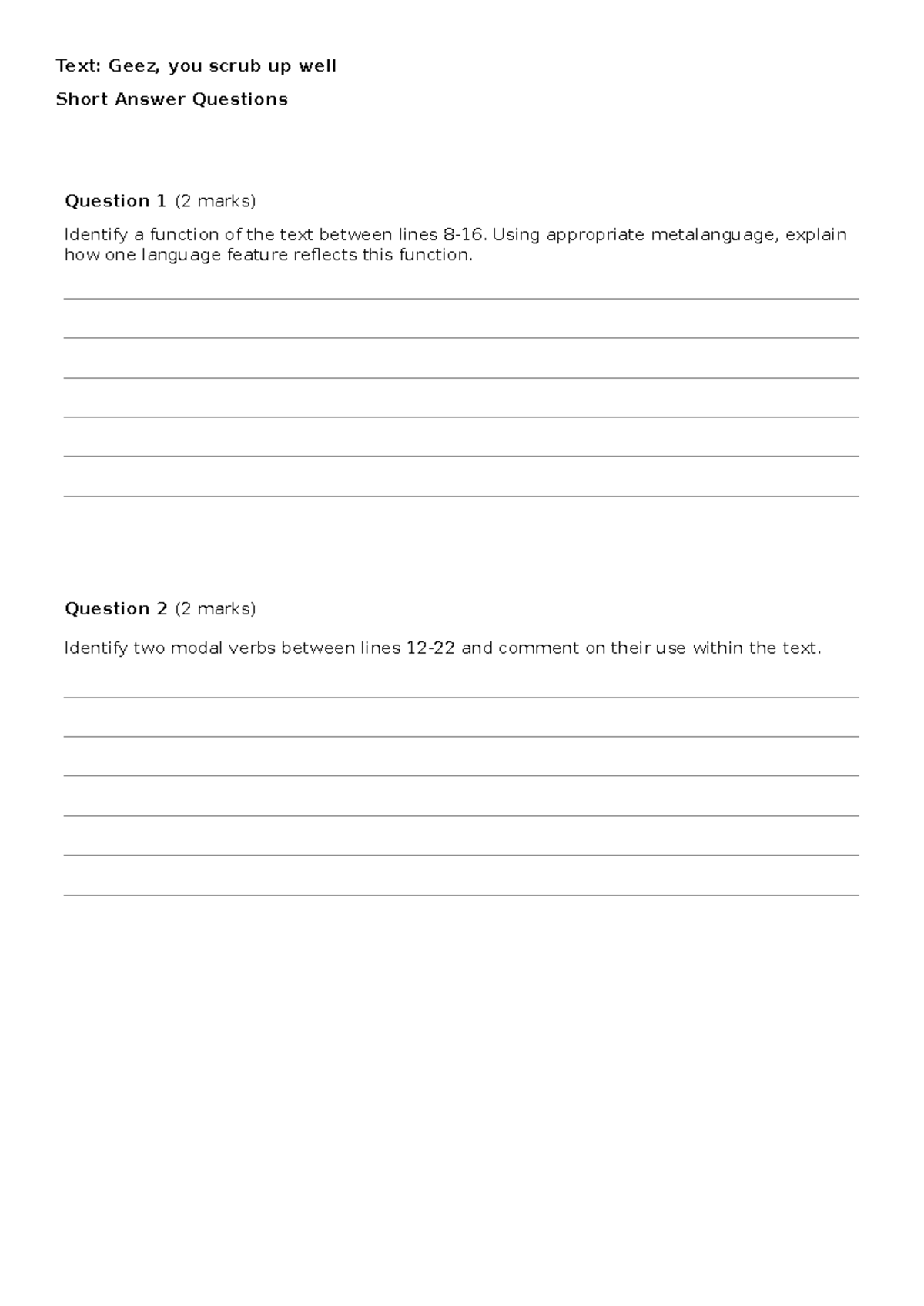 11 Eng Lang Unit 1 Exam - Practice Short Answer Questions - Studocu