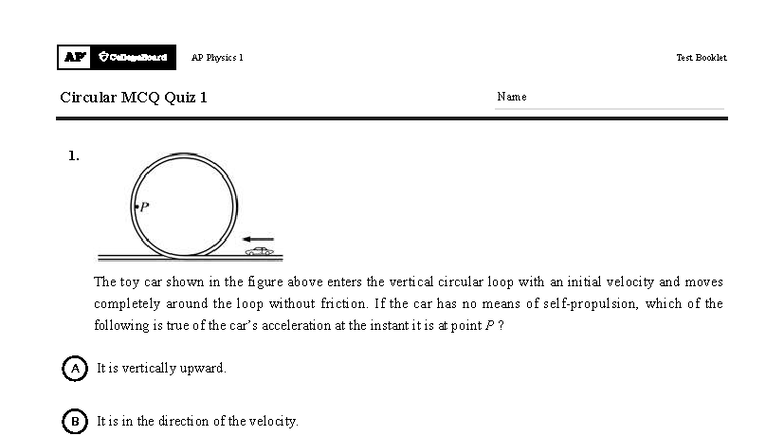 AP Physics 1 Circular Motion MCQ Quiz 1 - Studocu