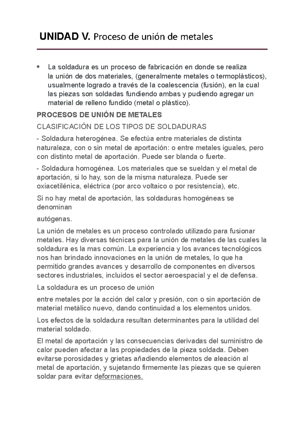 UNIDAD V. Procesos de unión de metales: Soldadura y Tipos - Studocu