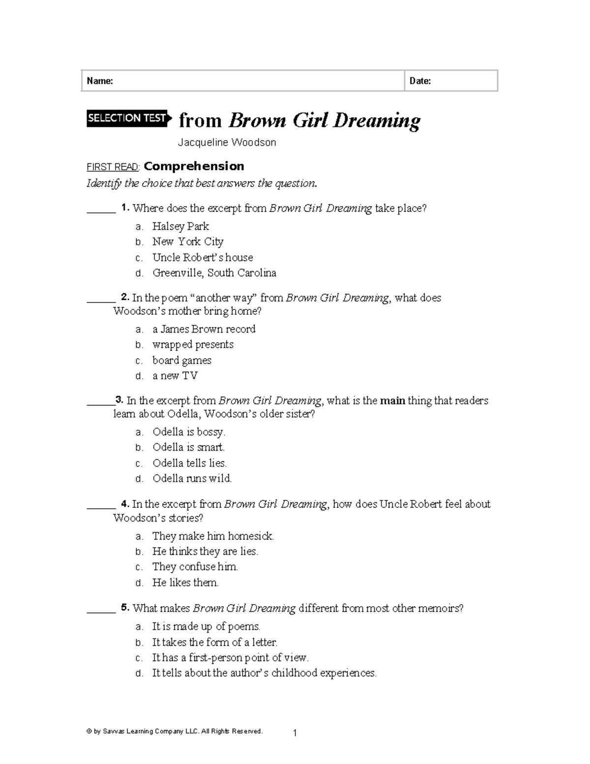 Lit17 EV G06 U1 AWC: Comprehension & Concept Vocabulary from Brown Girl ...