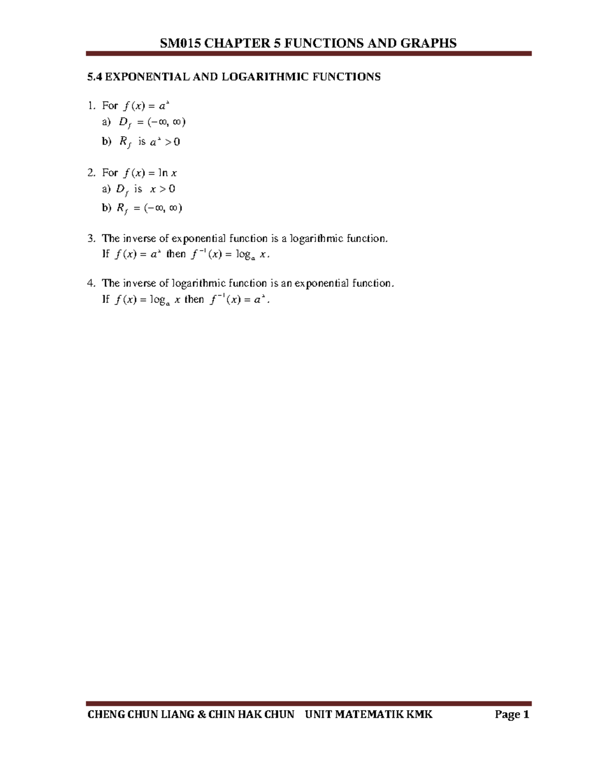 SM015 CHAPTER 5.4 EXPONENTIAL AND LOGARITHMIC FUNCTIONS NOTES - Studocu