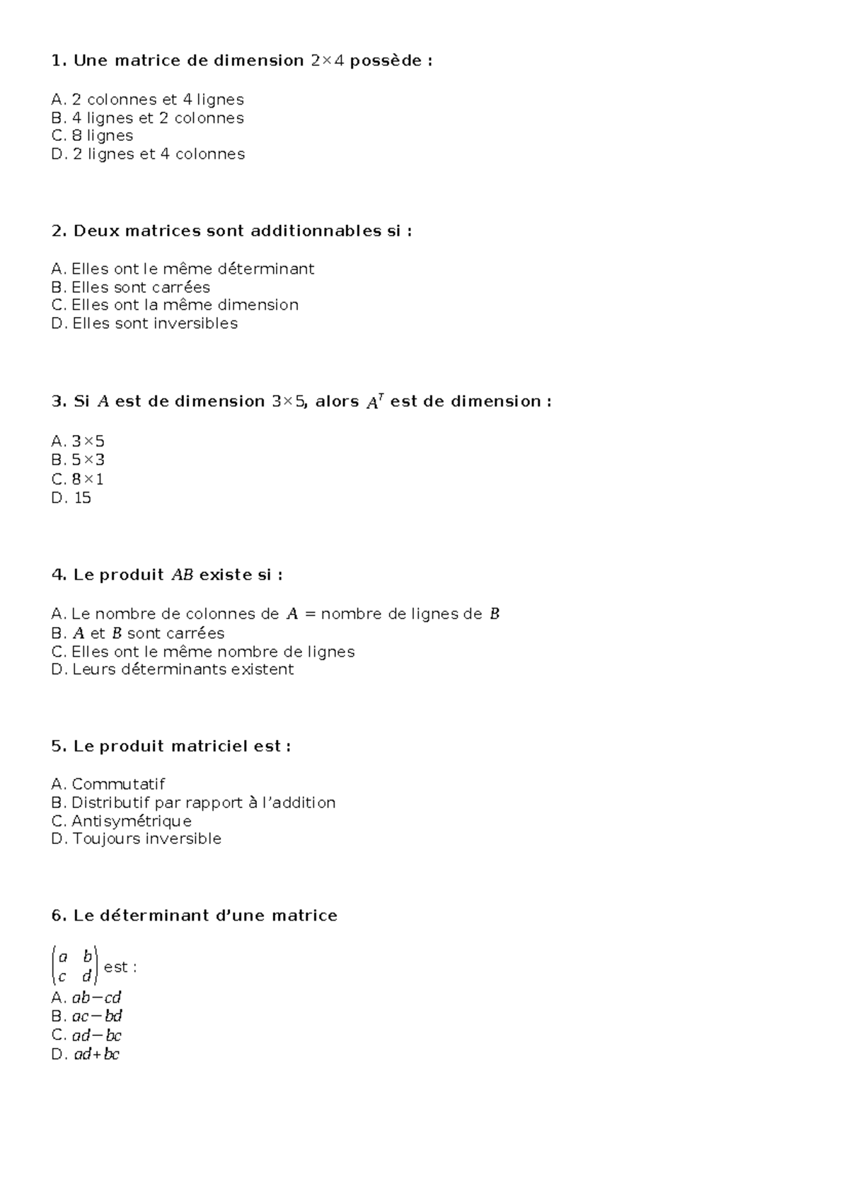 QCM Maths L1 - Quiz sur les Matrices et leurs Propriétés - Studocu