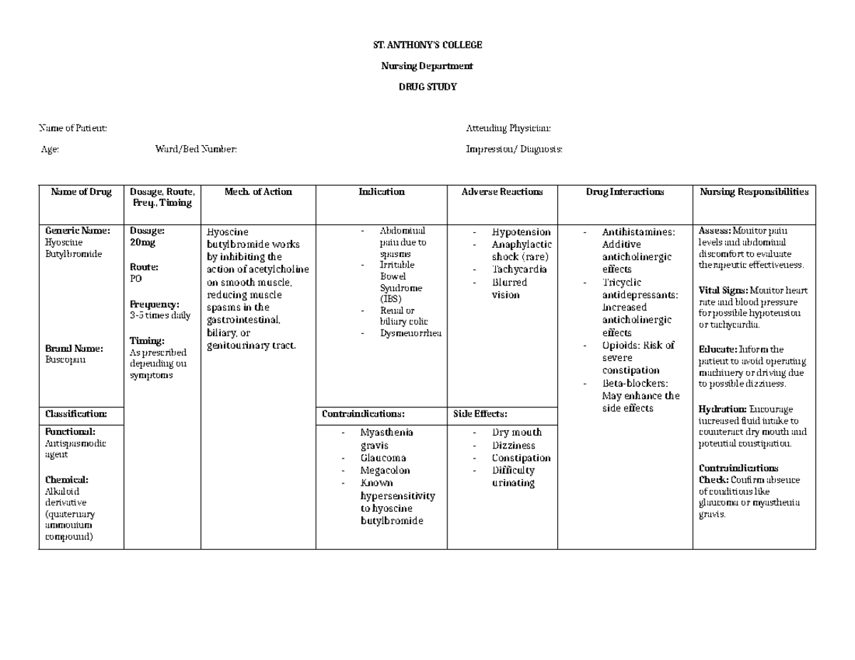 Drug study clinic - ST. ANTHONY’S COLLEGE Nursing Department DRUG STUDY ...