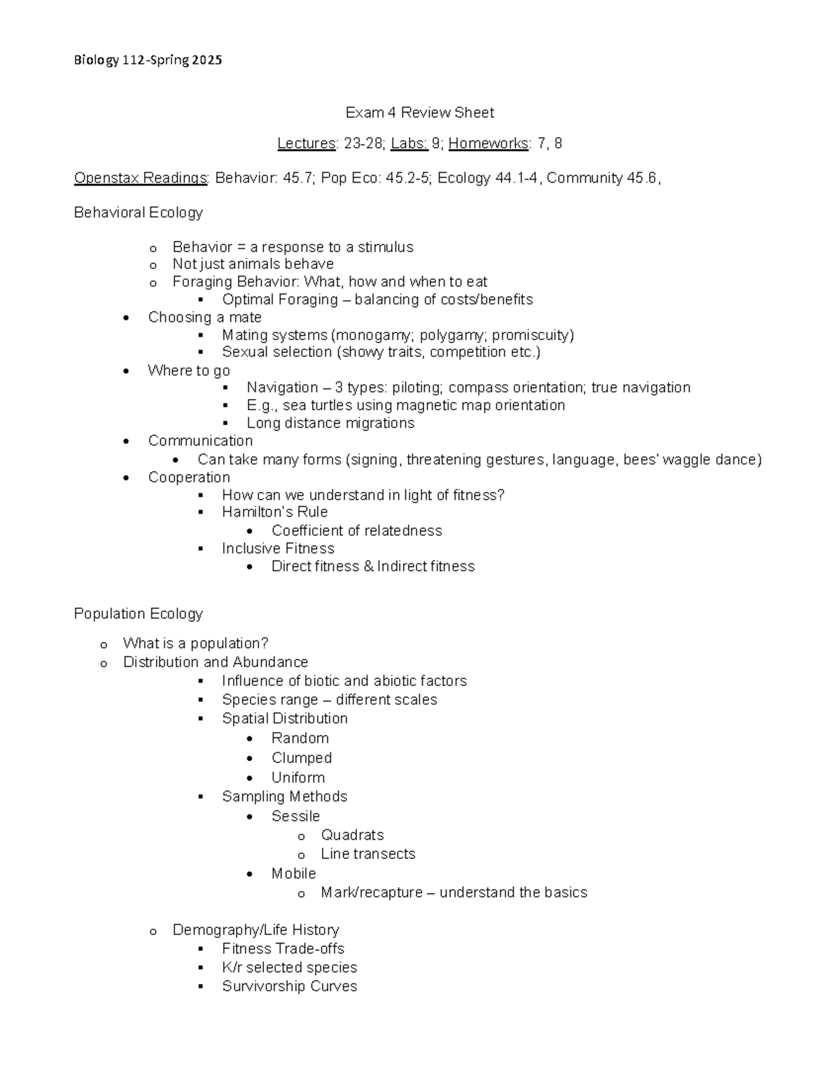 Biology 112 Spring 2025 Exam 4 Review: Behavior, Ecology & Ecosystems ...