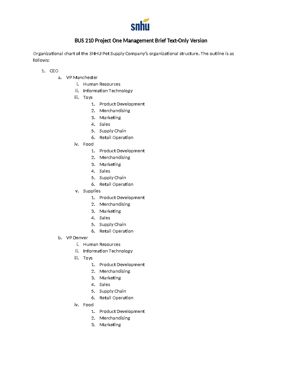 BUS 210 Project One: SNHU Pet Supply Co. Org Chart Overview - Studocu