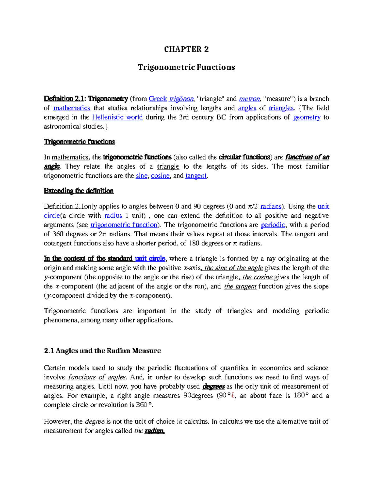 CHAPTER 2: Trigonometric Functions and Their Definitions - Studocu