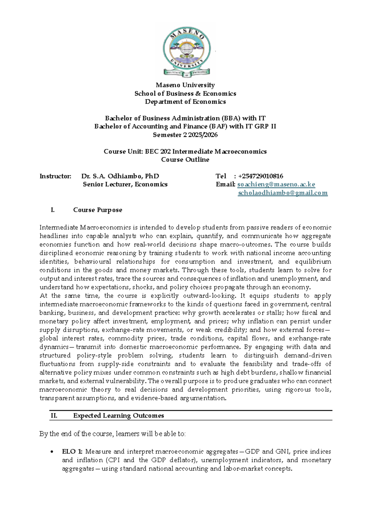 BEC 202 Intermediate Macroeconomics - Detailed Course Outline - Studocu
