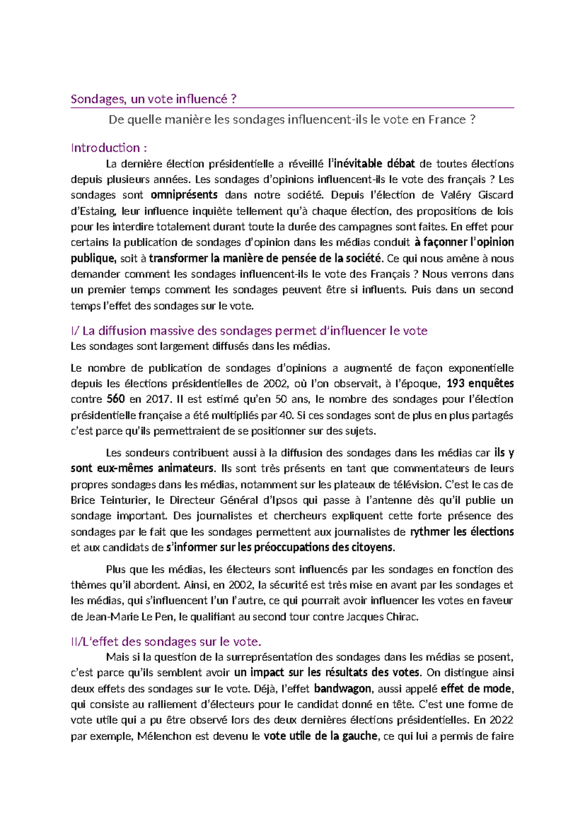 SES - Grand ORAL - L'Influence des Sondages sur les Élections en France ...