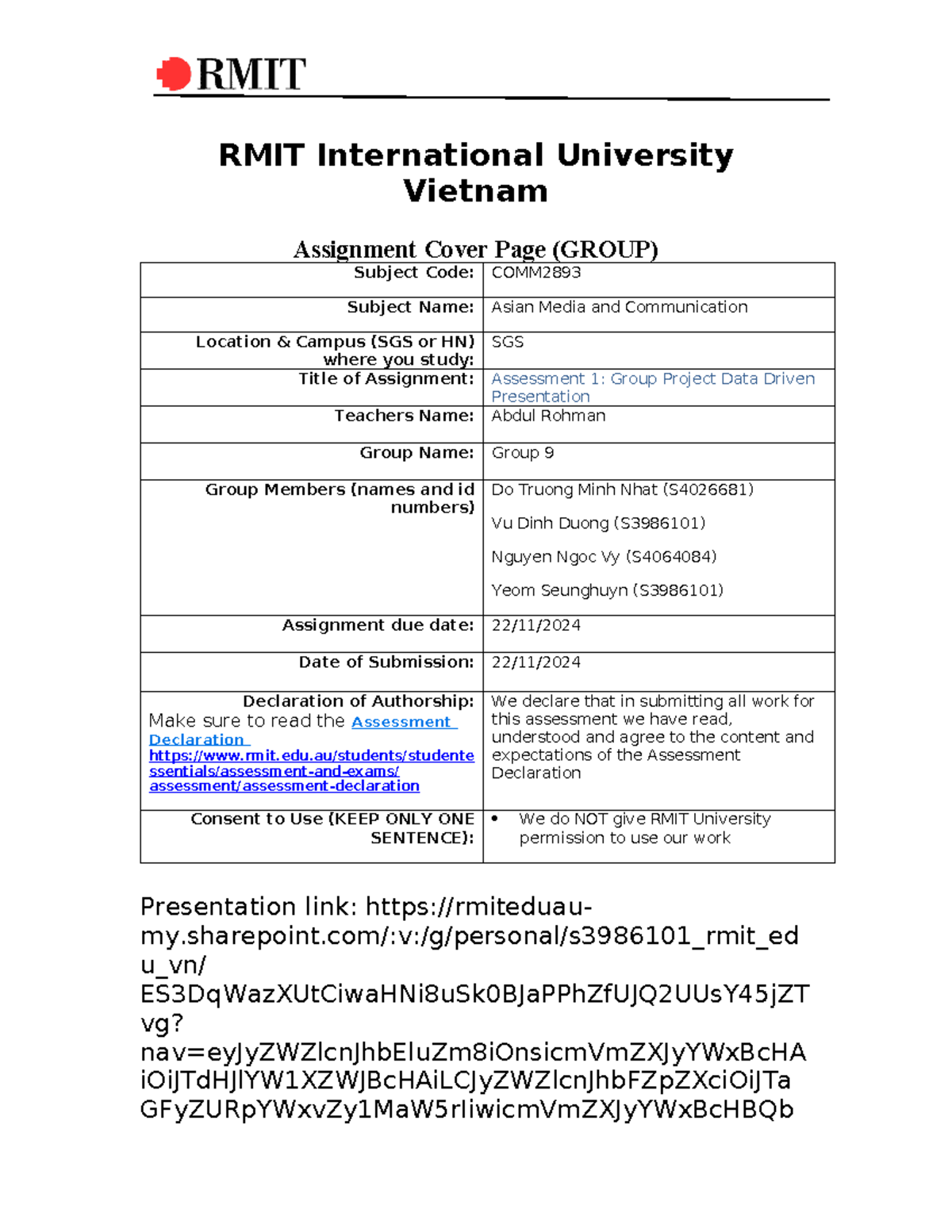 RMIT COMM2893 Group Project Cover Page: Data Driven Presentation - Studocu