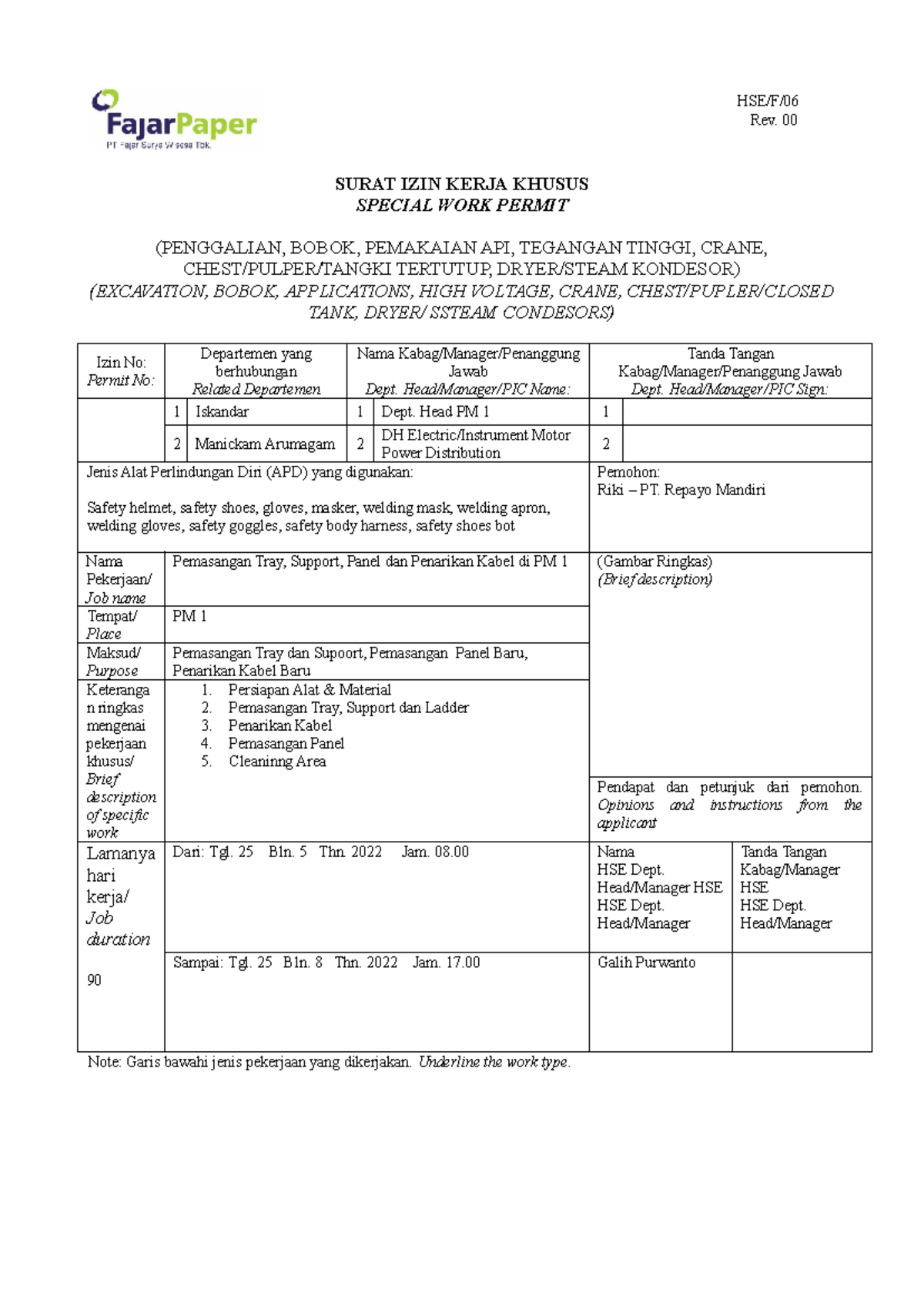 3.HSEF06.IJIN Khusus Kontraktor PM 1: Special Work Permit Details - Studocu
