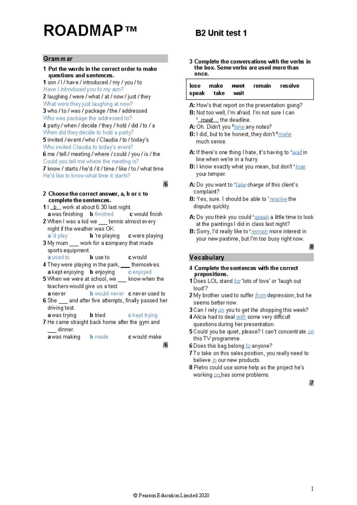 B2 Unit Test 1: Grammar Questions and Sentence Formation - Studocu