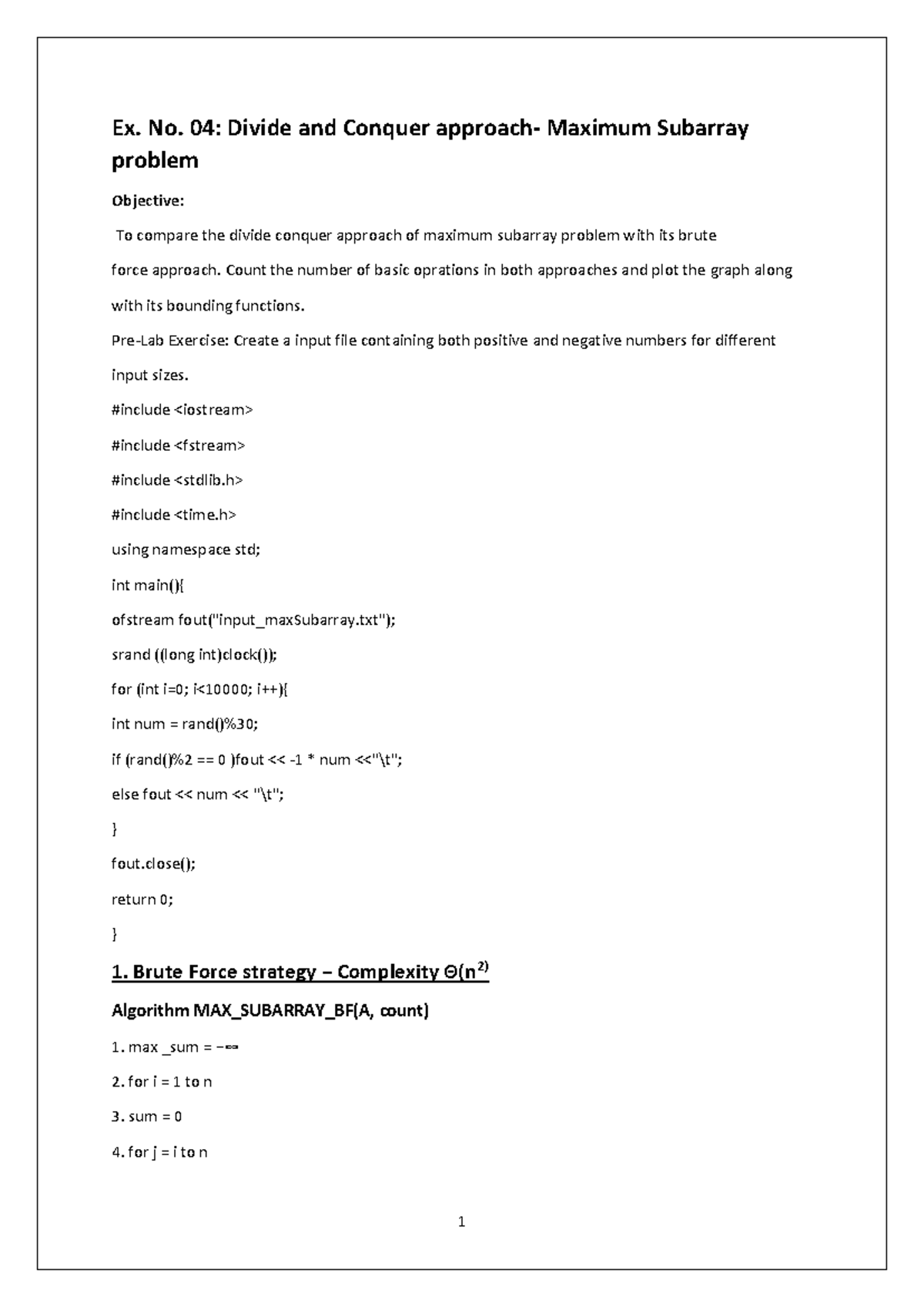 Ex. No. 04: Divide and Conquer vs Brute Force for Max Subarray - Studocu