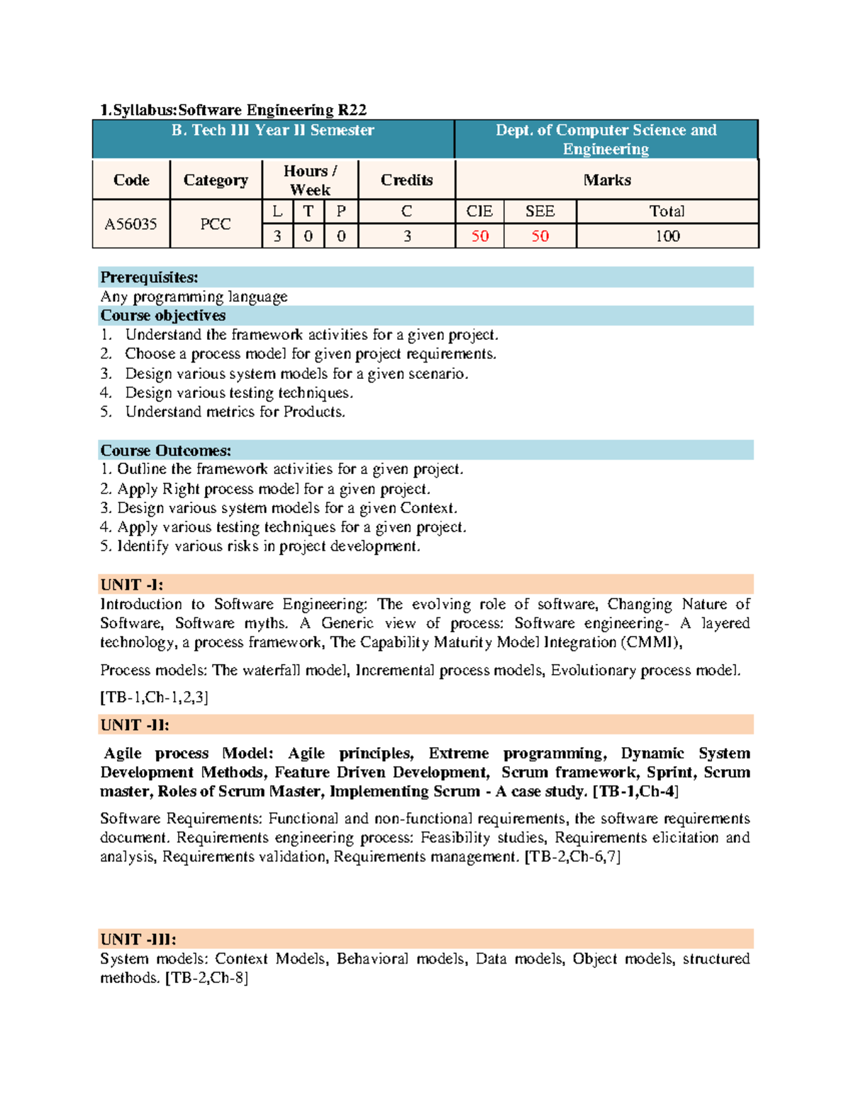 Syllabus: Software Engineering (A56035) - B. Tech Year II Semester - Studocu