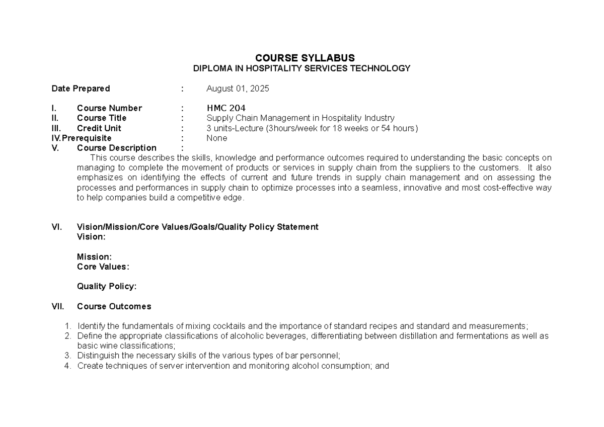 HMC 204 Course Syllabus: Supply Chain Management in Hospitality - Studocu