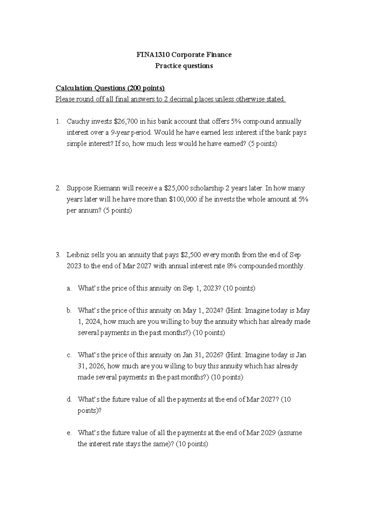 FINA1310 Corporate Finance Practice Questions and Calculations - Studocu