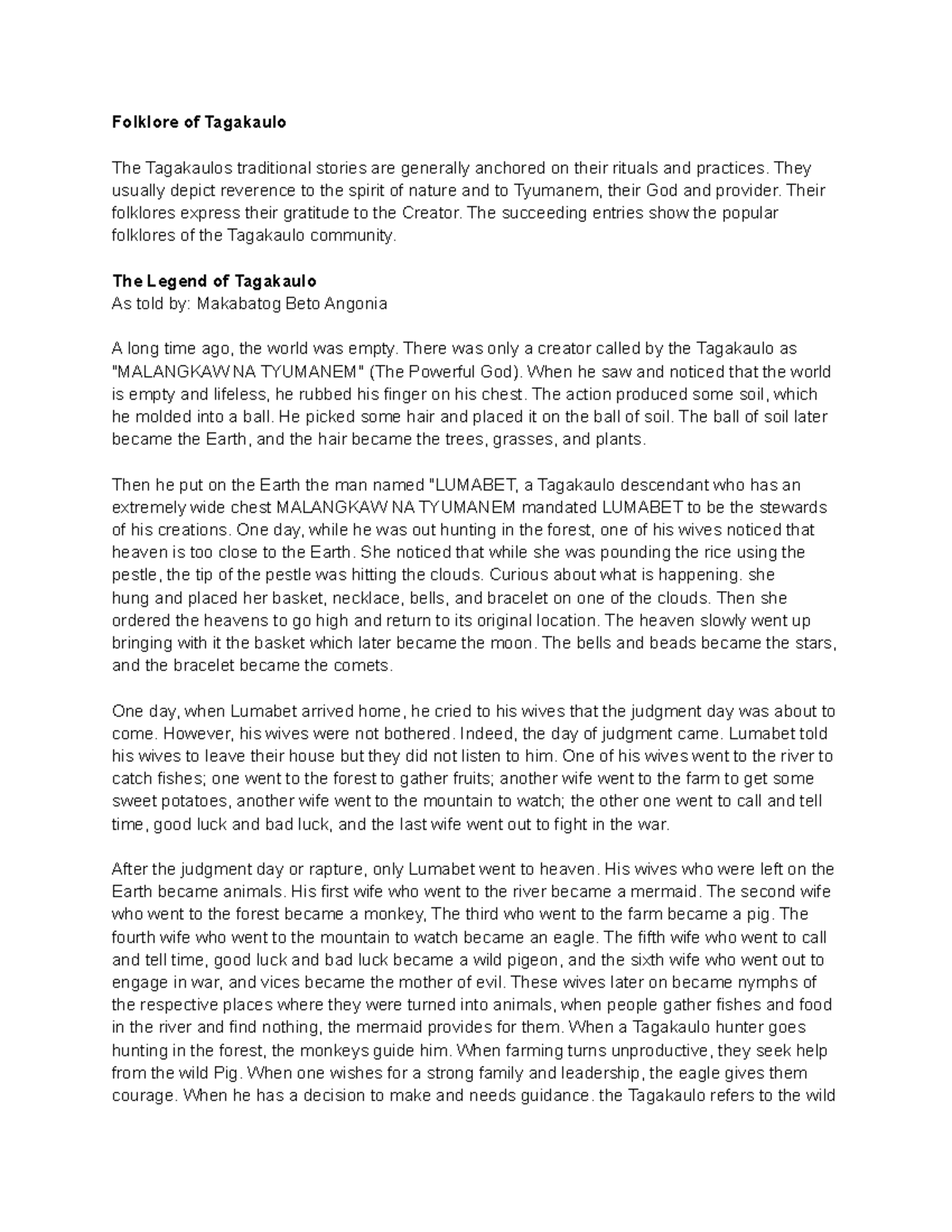 Tagakaulo Folklore: Legends, Riddles & Cultural Insights - Studocu