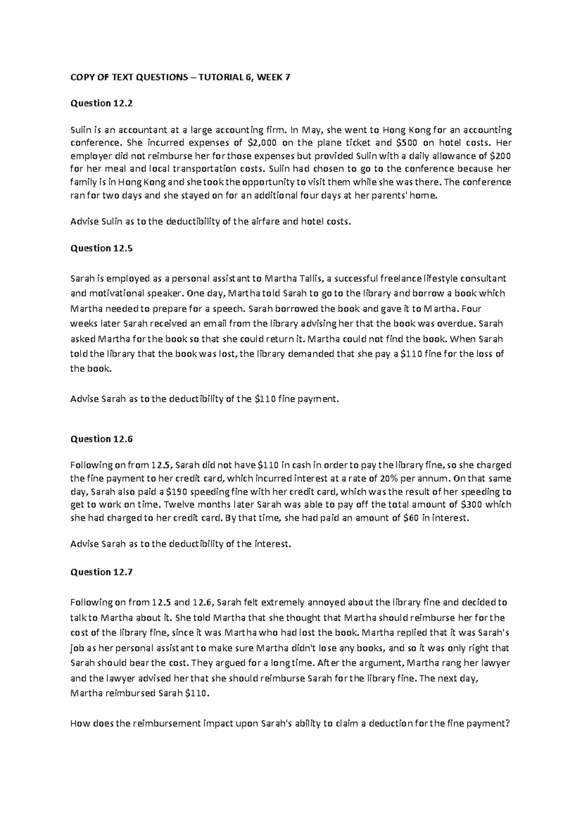 Tutorial 6, Week 7 - Deductions Continued - COPY OF TEXT QUESTIONS ...