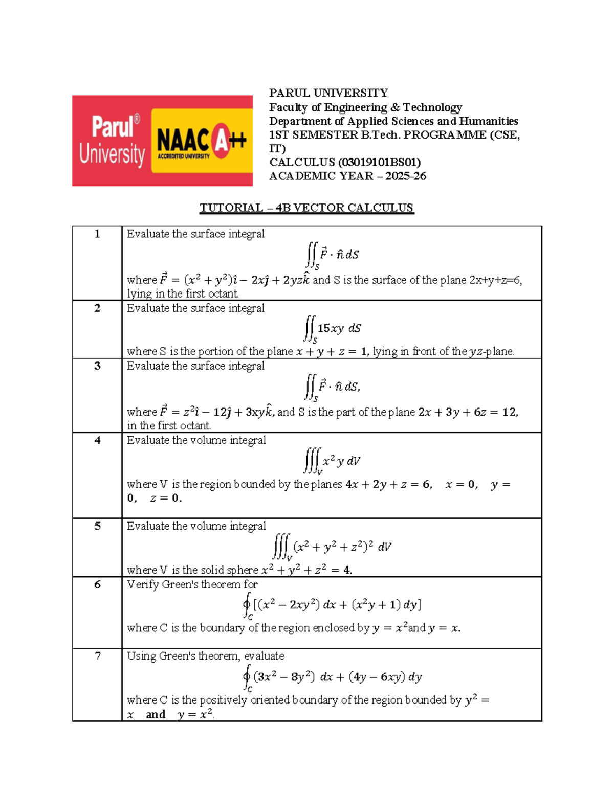 Tutorial 4B - Vector Calculus Surface Integrals (03019101BS01) - Studocu