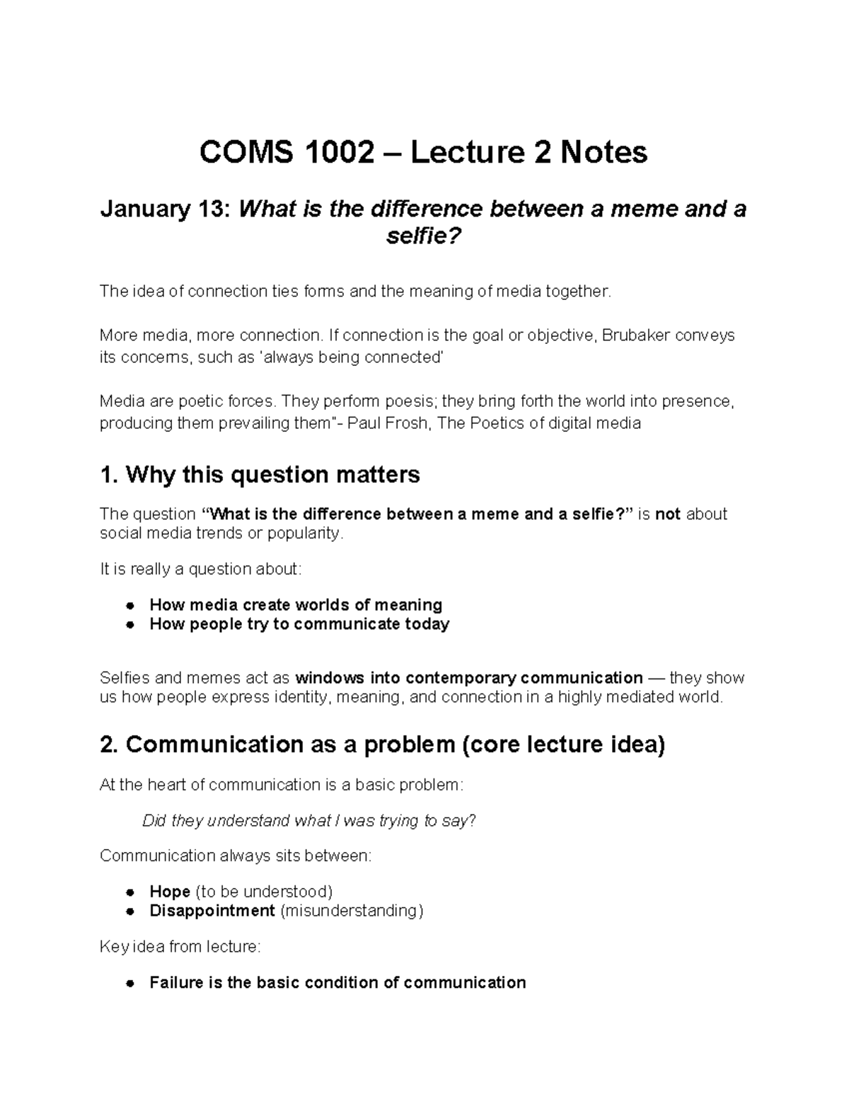 COMS 1002 Lecture 2 Notes: Memes vs. Selfies in Media Communication ...