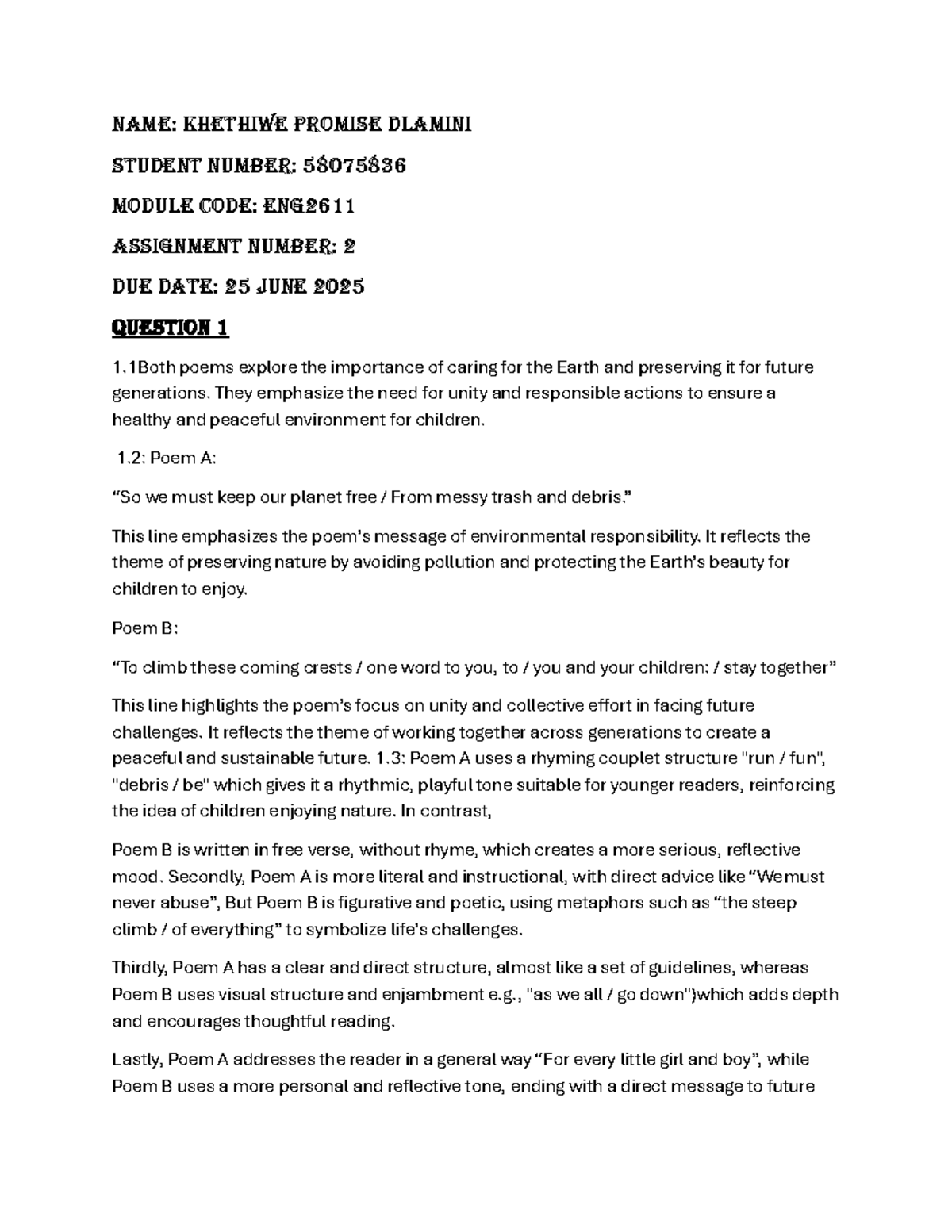 ENG2611 - Assignment 2: Analyzing Environmental Themes in Poetry - Studocu
